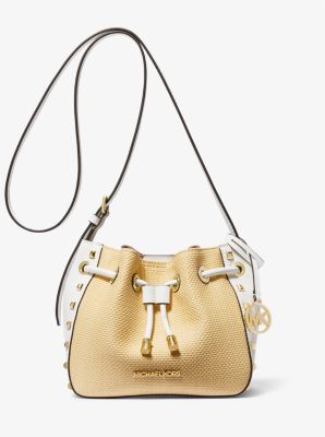 Michael Kors Phoebe Small Straw And Studded Faux Leather Bucket ...
